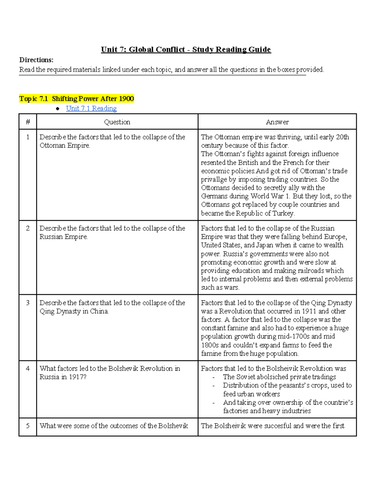 Unit 7 Study Guide: Global Conflict & Major Changes (WWI & Interwar ...