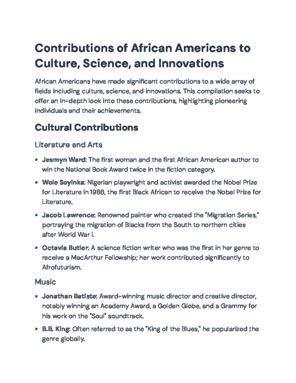 Contributions of African Americans to Culture, Science, and Innovation ...
