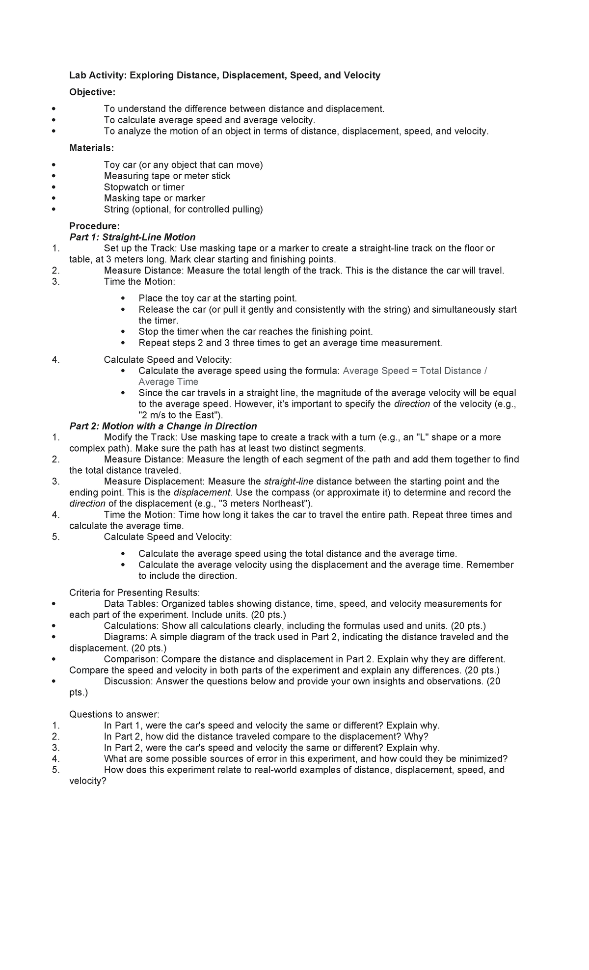 Lab Activity: Speed, Velocity, Distance & Displacement (Physics 101 ...