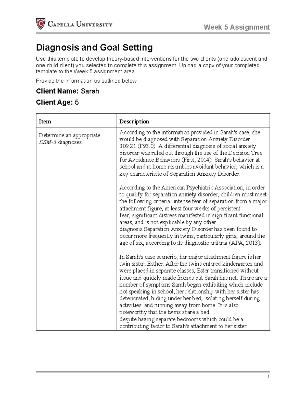 U5A1 Diagnosis & Goal Setting for Child & Adolescent Clients - Studocu