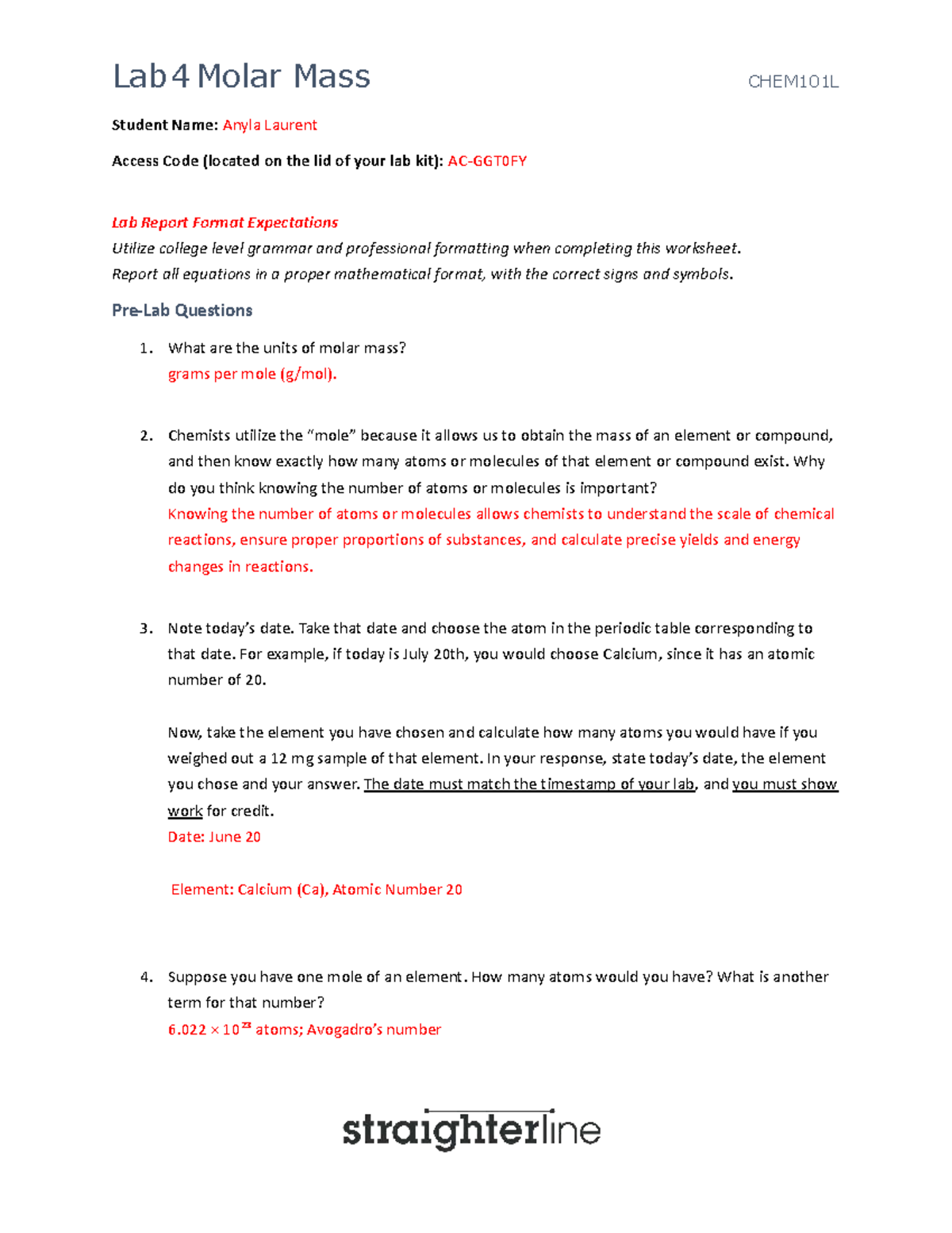 CHEM101L Lab 4: Molar Mass and Observations Report - Studocu
