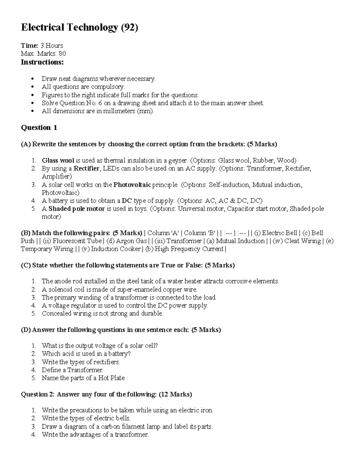 Electrical Technology (92) Sample Question Paper for SSC Exam - Studocu