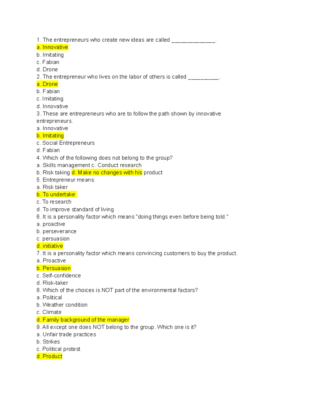 Q1 Entrepreneur Quiz: Key Concepts and Definitions Review - Studocu