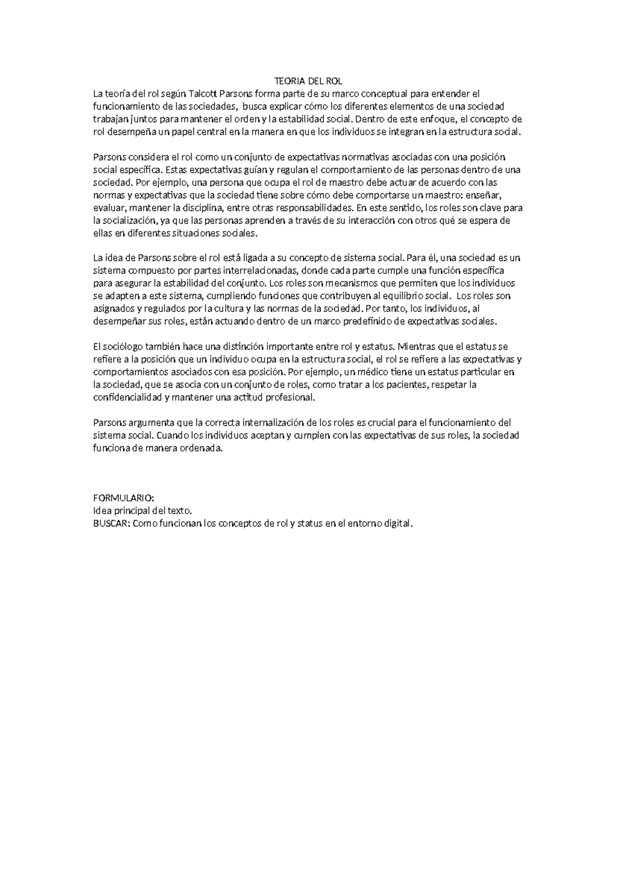 Teoría del Rol según Talcott Parsons: Análisis Social y Normas - Studocu
