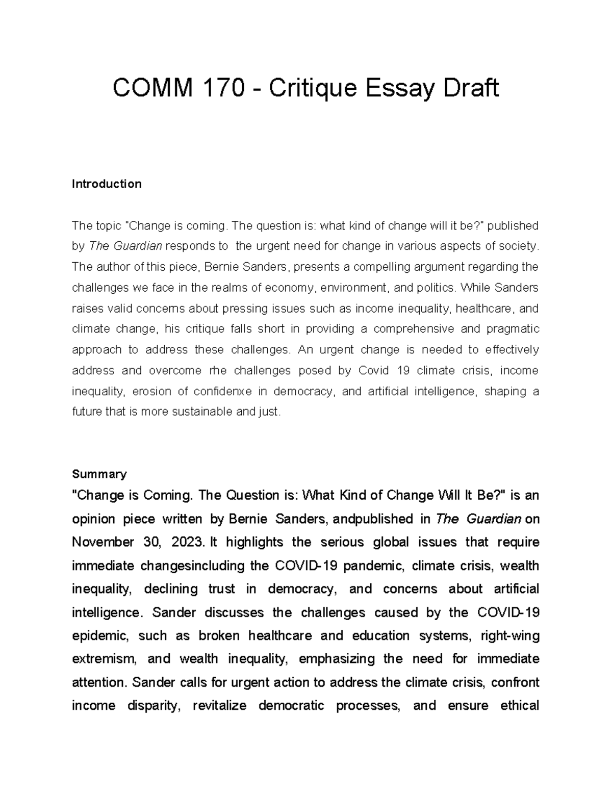 COMM 170 - Critique Essay Draft on Bernie Sanders' Argument for Change ...