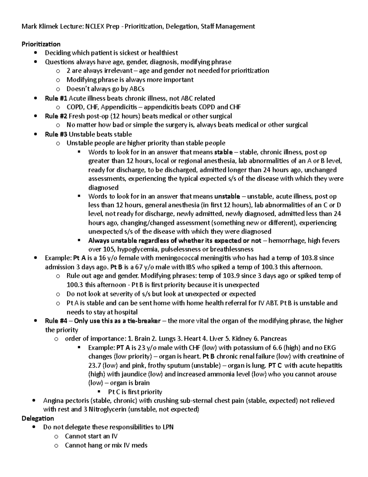 NCLEX Prep: Prioritization, Delegation & Staff Management Lecture - Studocu