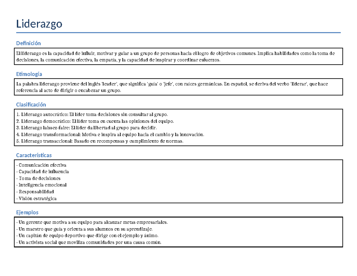 Liderazgo: Definición, Clasificación y Características Esenciales - Studocu