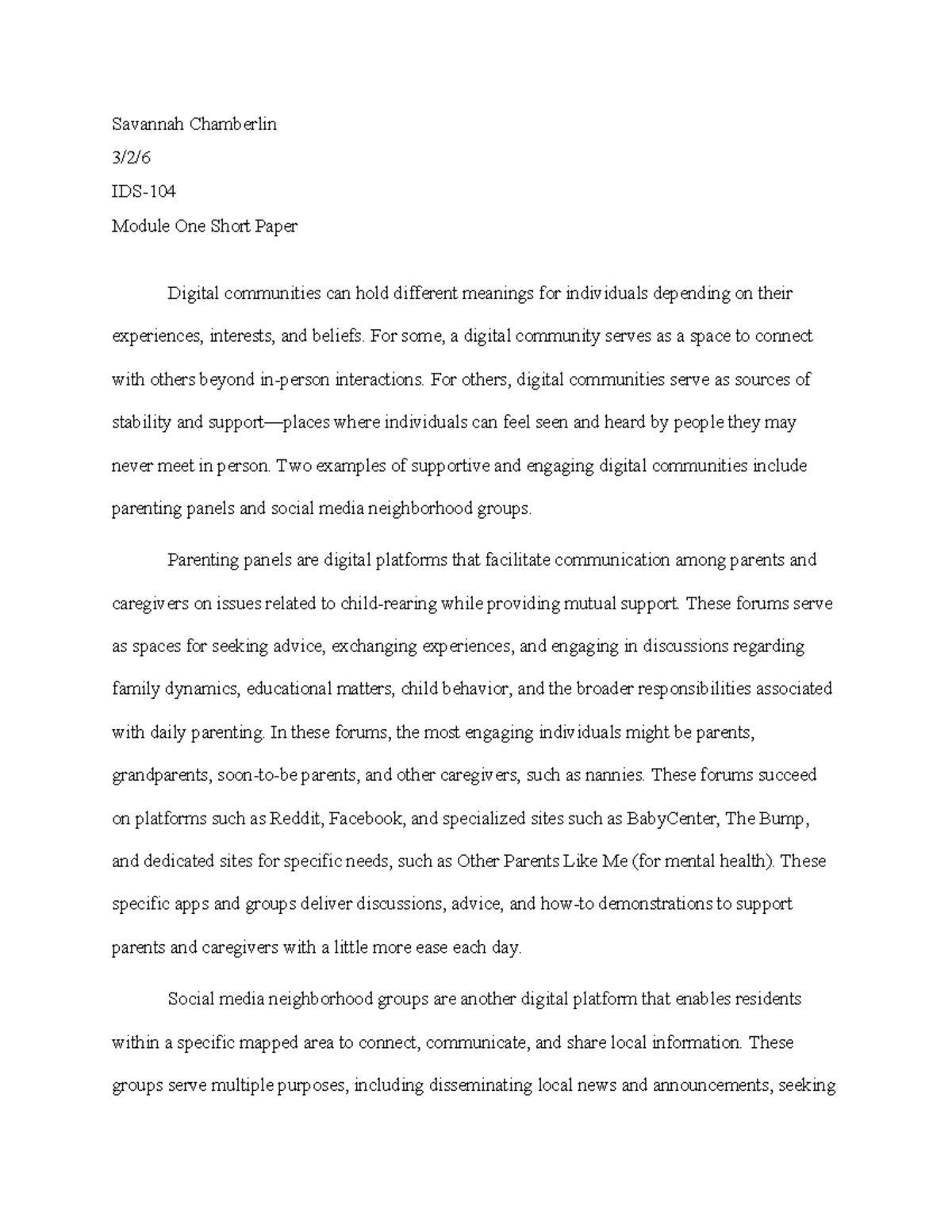 Module One Short Paper: Exploring Digital Communities - Studocu