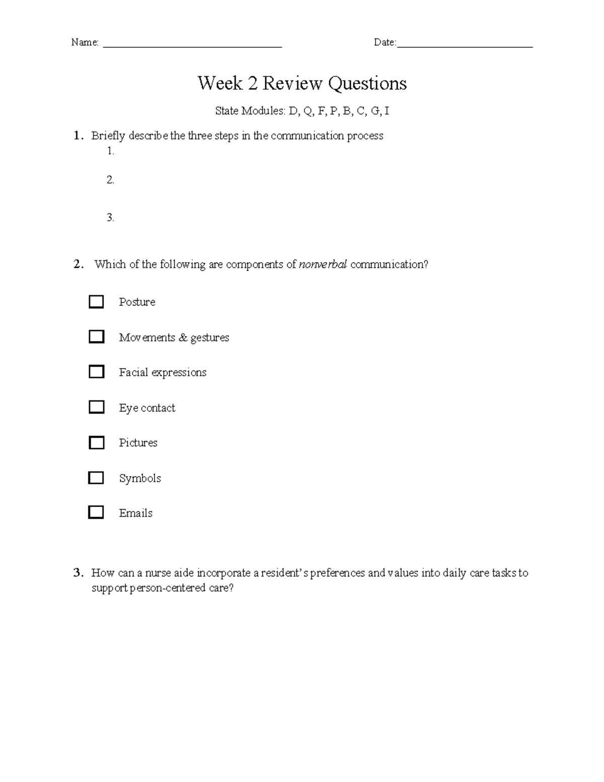 NUR 101: Week 2 Review Questions on Communication & Care Practices ...