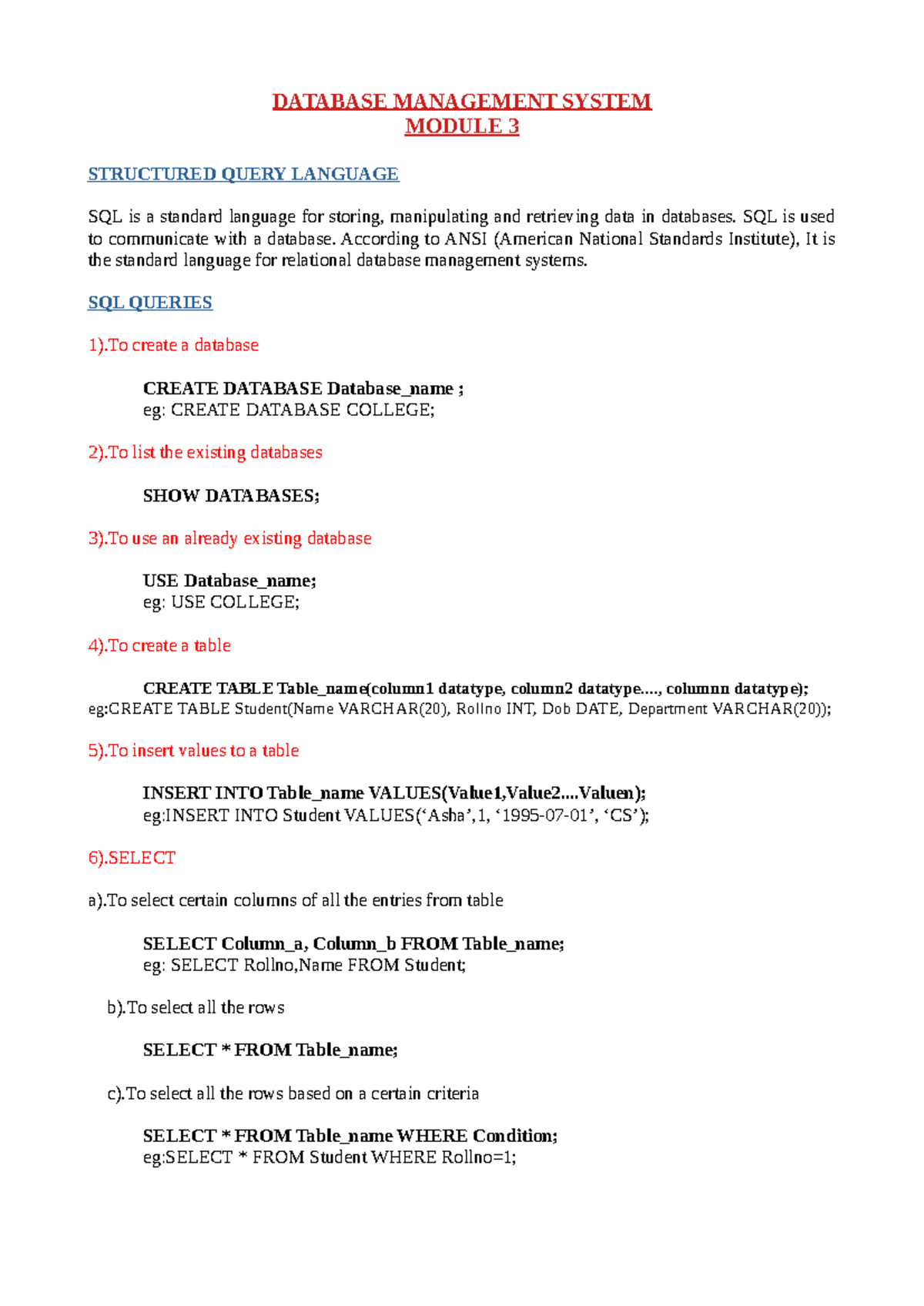 DBMS Module 3: Structured Query Language (SQL) Tutorial - Studocu