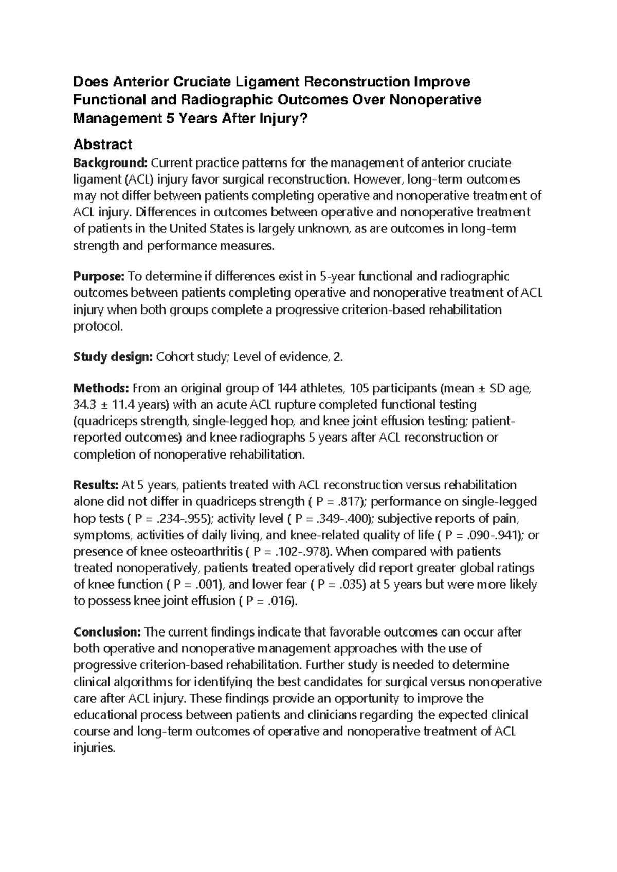 ACL Injury Management: Surgical vs Nonoperative Outcomes at 5 Years ...