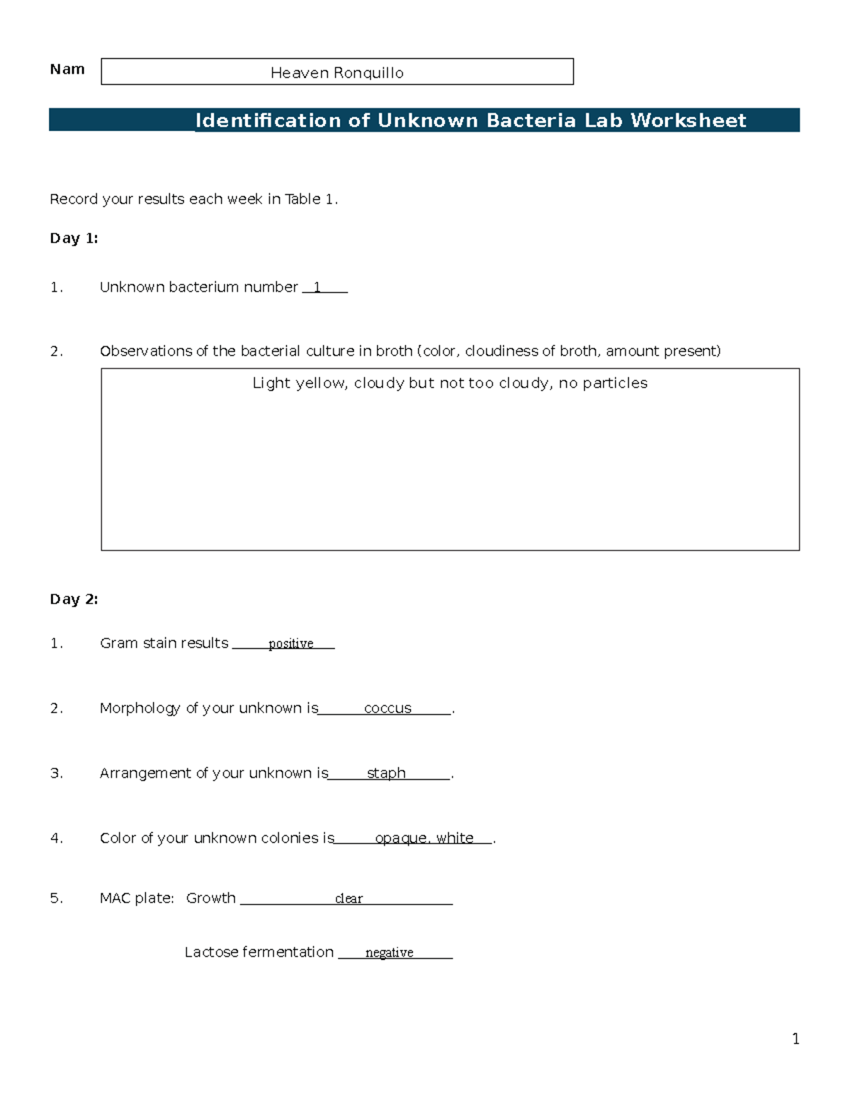 Identification of Unknown Bacteria Lab Worksheet (BIOL 101) - Studocu