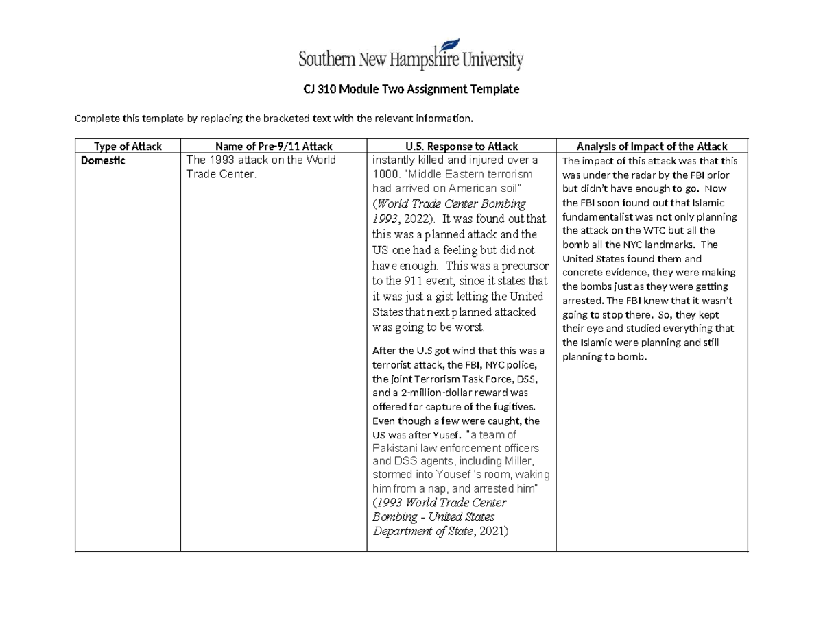 CJ 310 Module Two Assignment - Type of Attack Name of Pre-9/11 Attack U ...