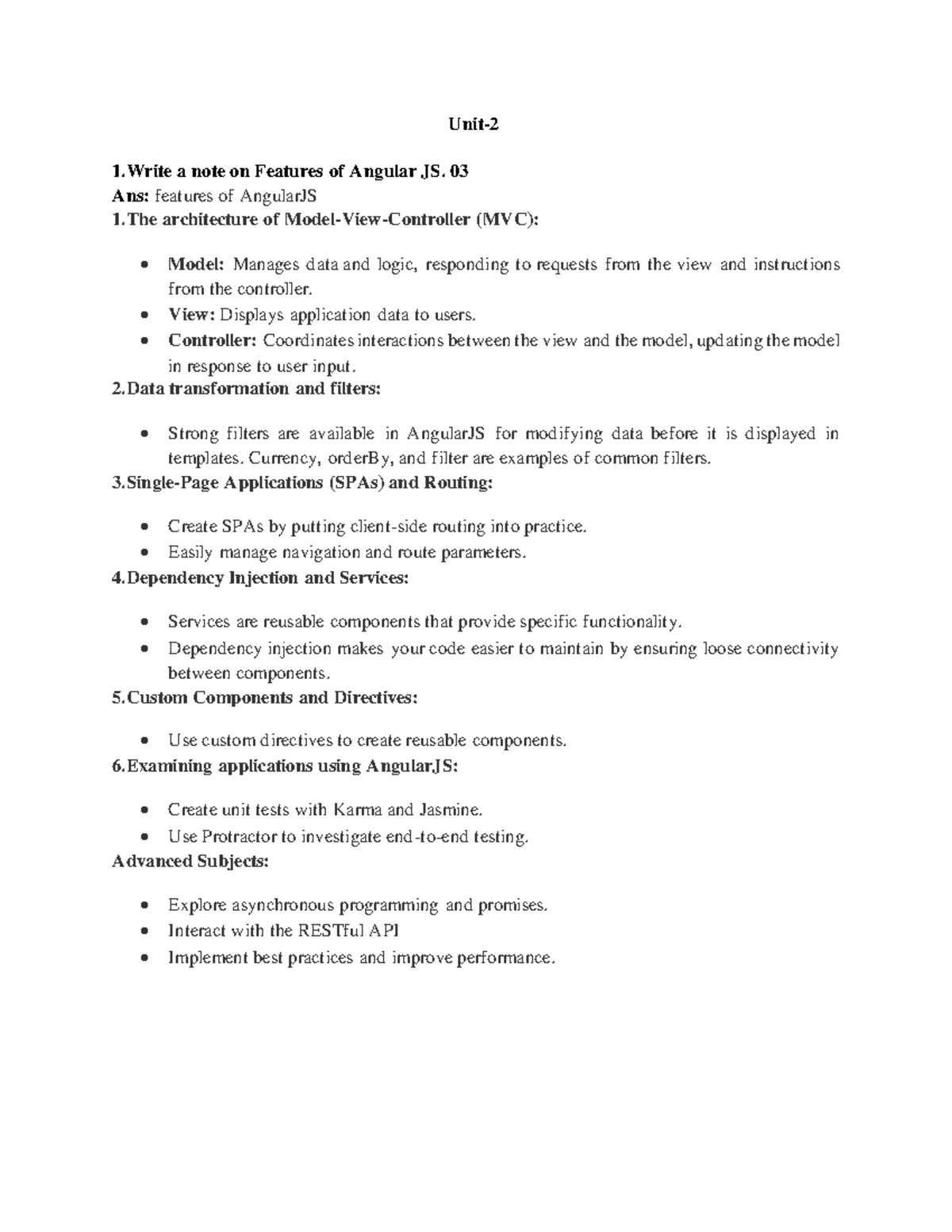 UNIT2 - awp notes - Unit- 2 1 a note on Features of Angular JS. 03 Ans ...