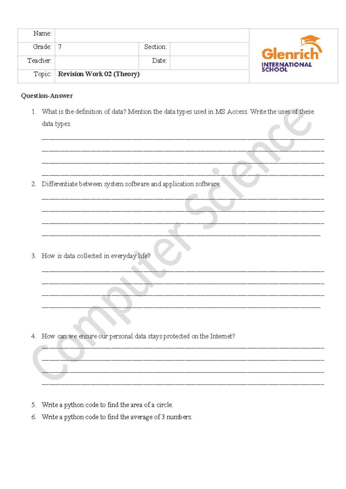 G7 RW 02 Theory - notes - Name: Grade: 7 Section: Teacher: Date: Topic ...