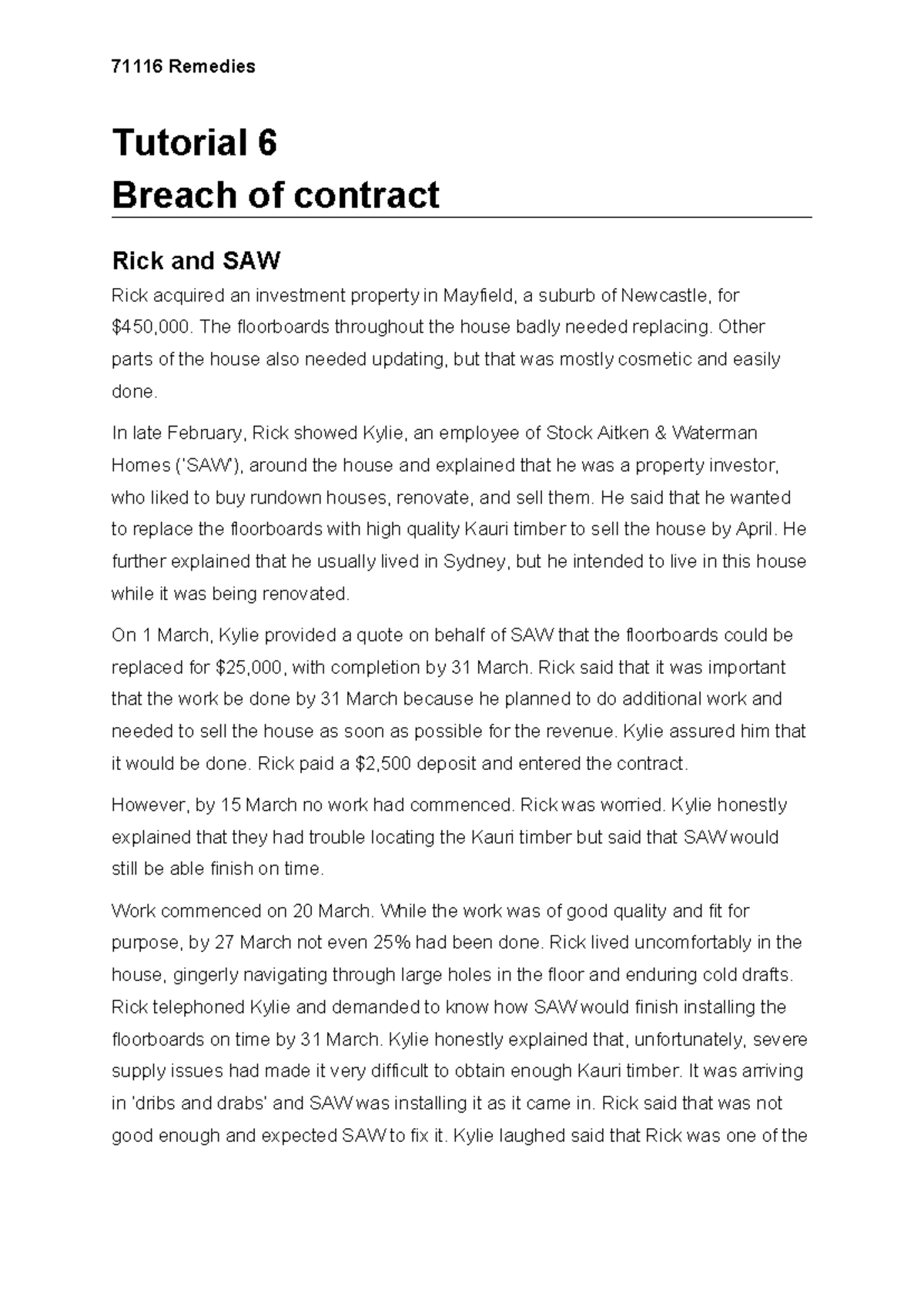 71116 Tut 6 Remedies: Breach of Contract Case Study Analysis - Studocu