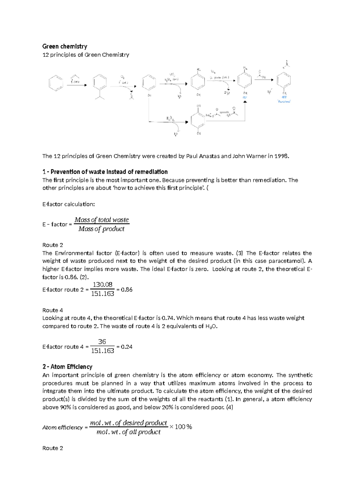 Green Chemistry Principles Report: Analyzing Routes 1-4 for E-Factors ...