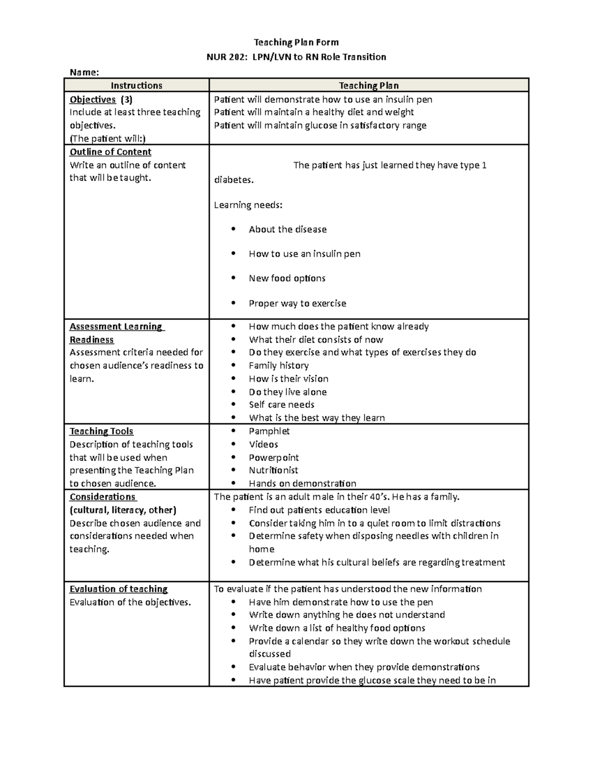 NUR 202 Teaching Plan Form 0318-1 - Teaching Plan Form NUR 202: LPN/LVN to RN Role Transition ...