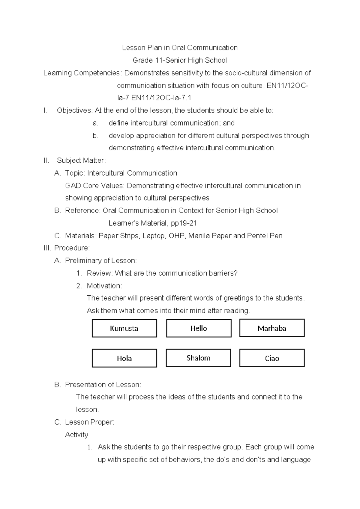 Lesson Plan: Intercultural Communication (Grade 11 Oral Comm 4) - Studocu