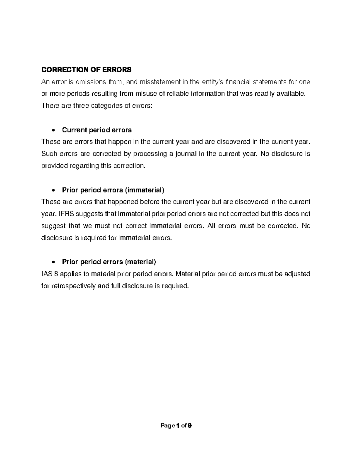 IAS 8 Error Classification and Financial Statement Corrections - Studocu