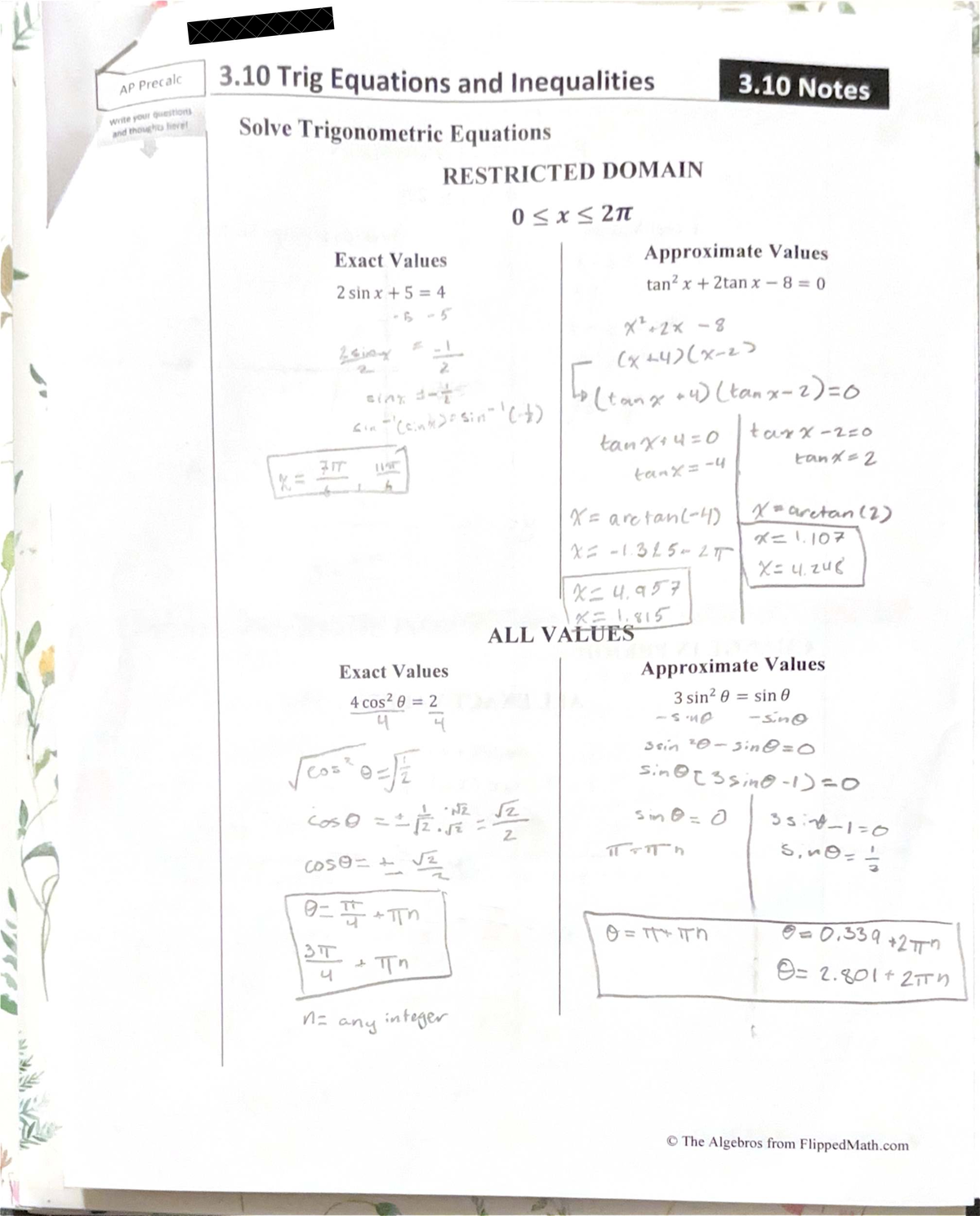 AP Precalc - 3.10 Trig Equations & Inequalities Study Notes - Studocu