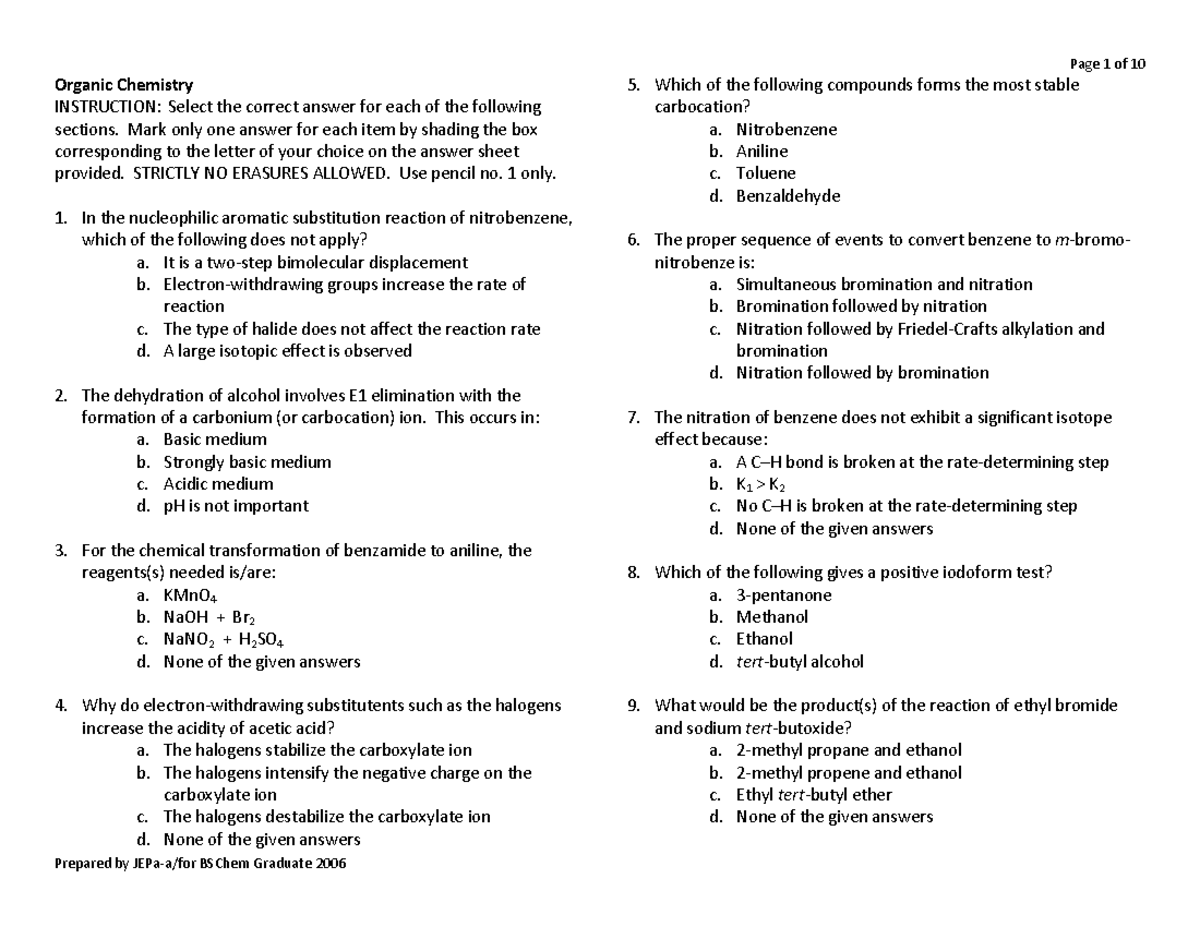 Organic Chemistry Quiz Review: BSChem 2006 - Studocu