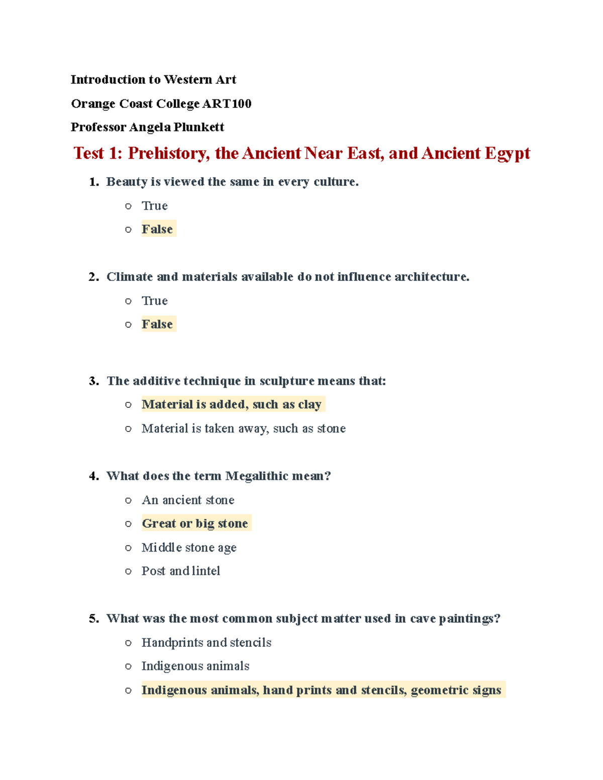 ART 101: Test 1 - Prehistory, Ancient Near East & Egypt Q&A - Studocu