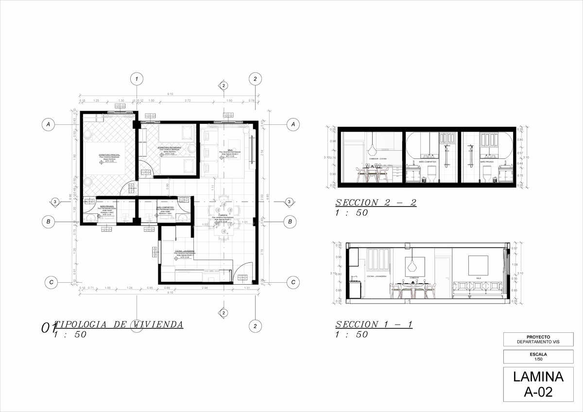 A-02 - PLANO DE UNA VIVIENDA, EN PLANTA Y CORTES. DETALLES ...