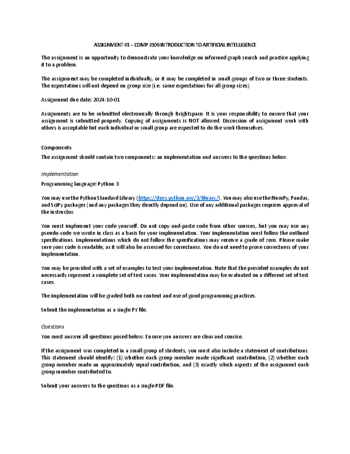 AI-Assignment 1 - assignment 1 - ASSIGNMENT #1 – COMP 3106 INTRODUCTION TO ARTIFICIAL ...