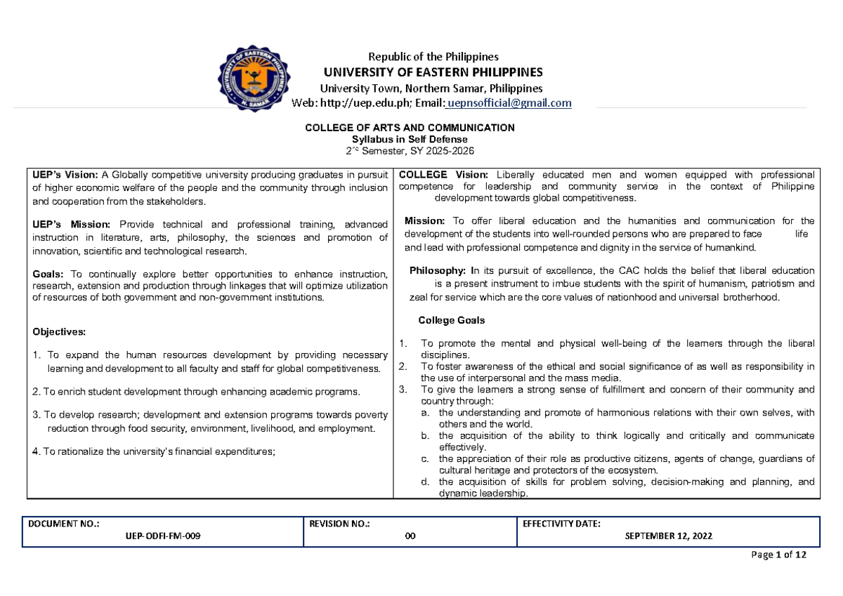 Self Defense Syllabus (Course Code: Arnis) - 2nd Semester 2026 - Studocu