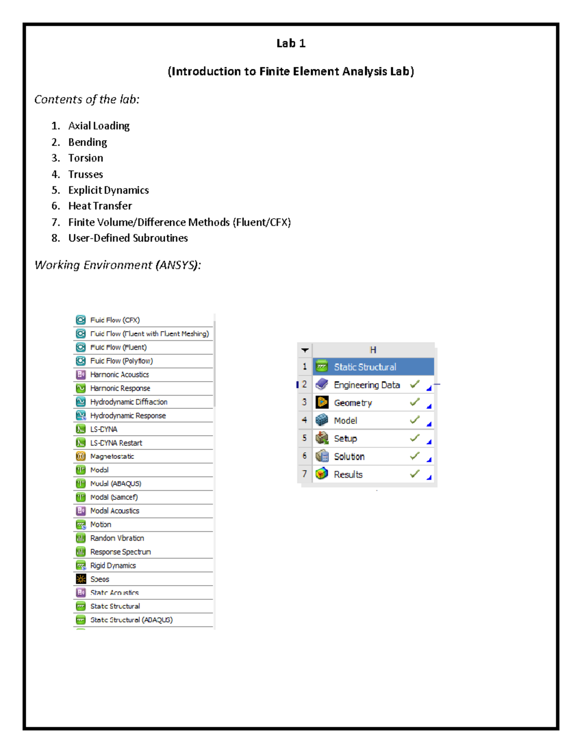 Lab 1(FEA) - lab - Vibration - Lab 1 (Introduction to Finite Element ...