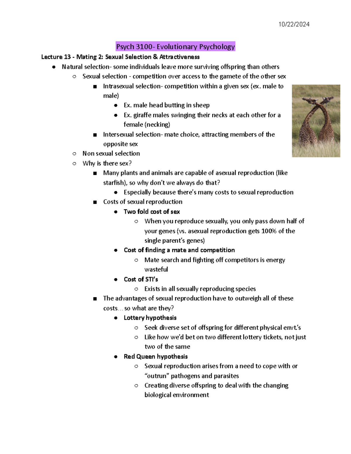 Mating pt2 - Lecture 13 - class notes - Psych 3100- Evolutionary ...