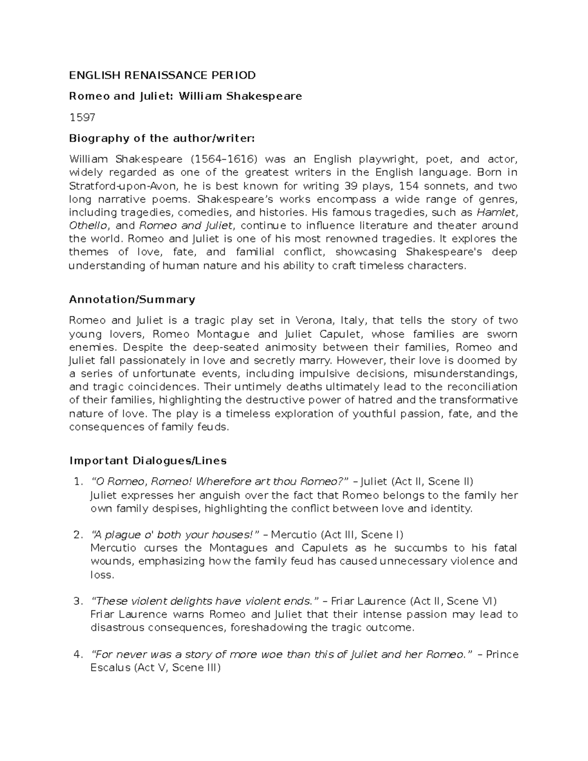 Annotated- Reading-LIST American-LIT - ENGLISH RENAISSANCE PERIOD Romeo ...