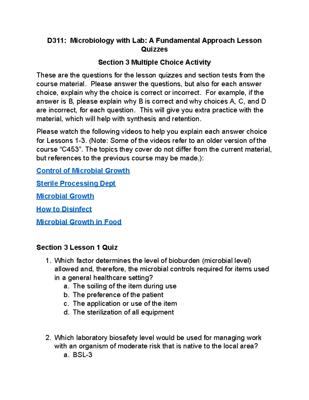 D311 Section 3 MC Activity - D311: Microbiology with Lab: A Fundamental ...