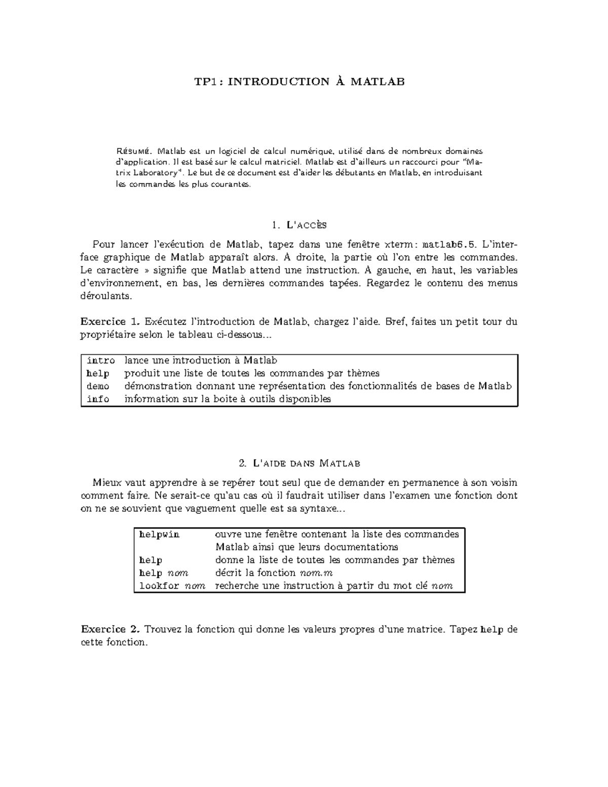 TP1 : Introduction à MATLAB - Commandes et Exercices Essentiels - Studocu