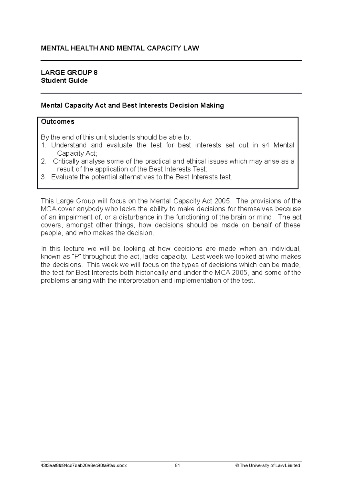 U8 - Best Interests Decision Making (Student Guide) - MENTAL HEALTH AND ...