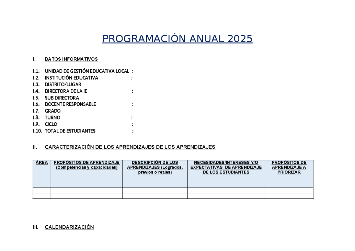 ESQUEMA PARA PLANIFICAR - PROGRAMACIÓN ANUAL 2025 I. DATOS INFORMATIVOS I. UNIDAD DE GESTIÓN ...