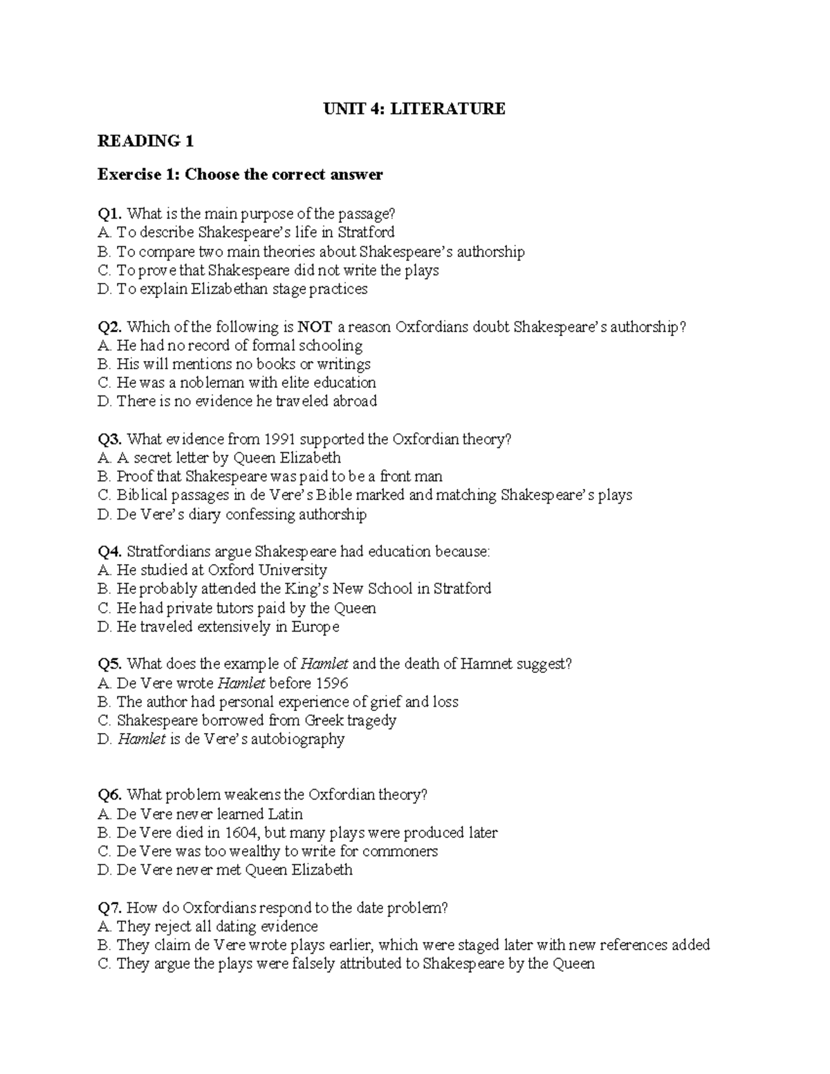 UNIT 4: LITERATURE READING 1 - Authorship Theories & Exercises - Studocu