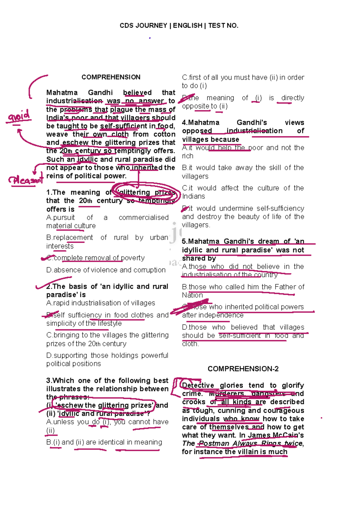 CDS JOURNEY ENGLISH TEST NO. COMPREHENSION & CLOZE EXERCISES - Studocu
