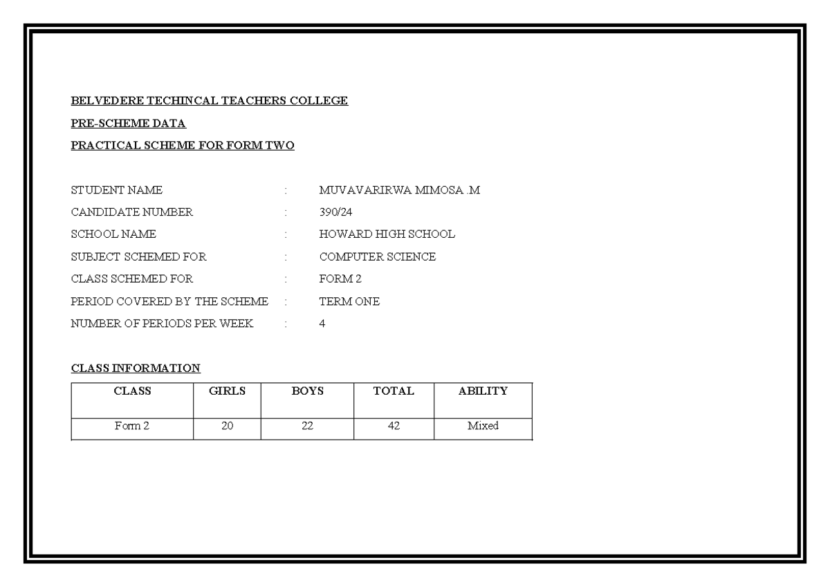 FORM 2 COMPUTER SCIENCE PRACTICAL SCHEME - TERM ONE - Studocu