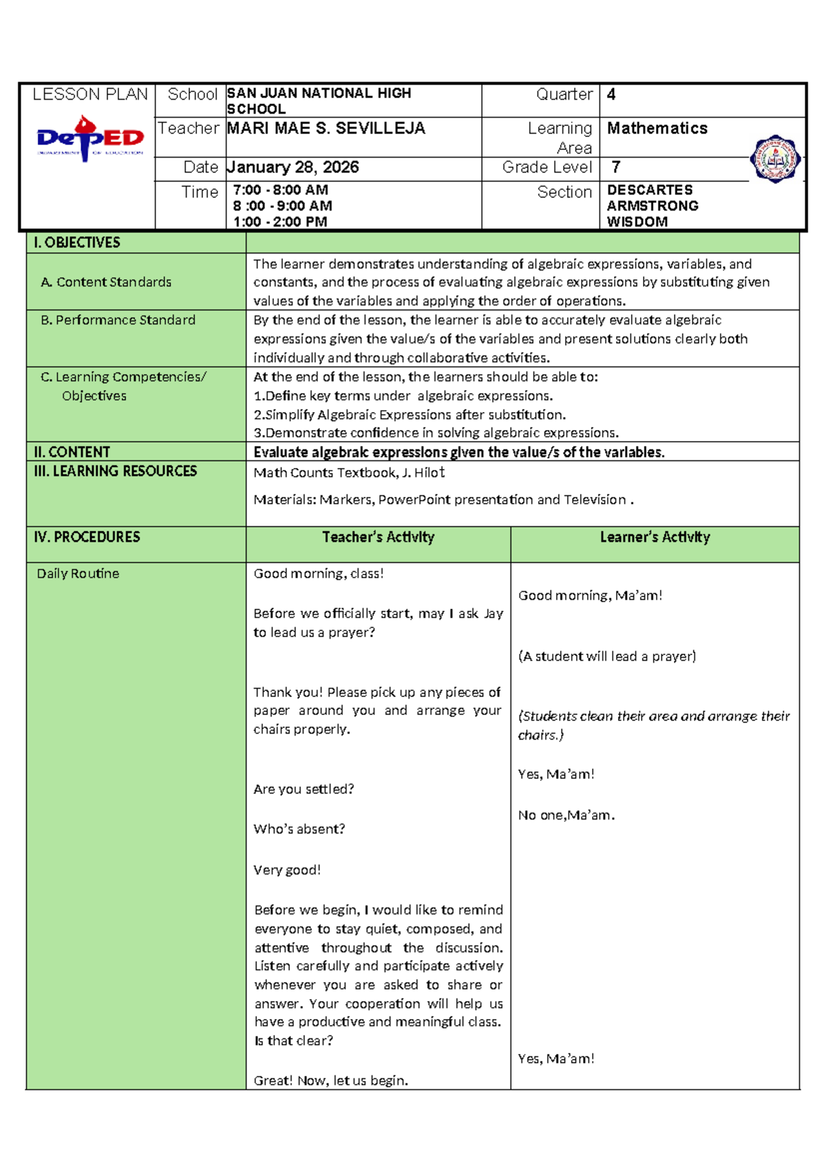 DLP-7: Detailed Lesson Plan on Algebraic Expressions - Jan 28, 2026 ...