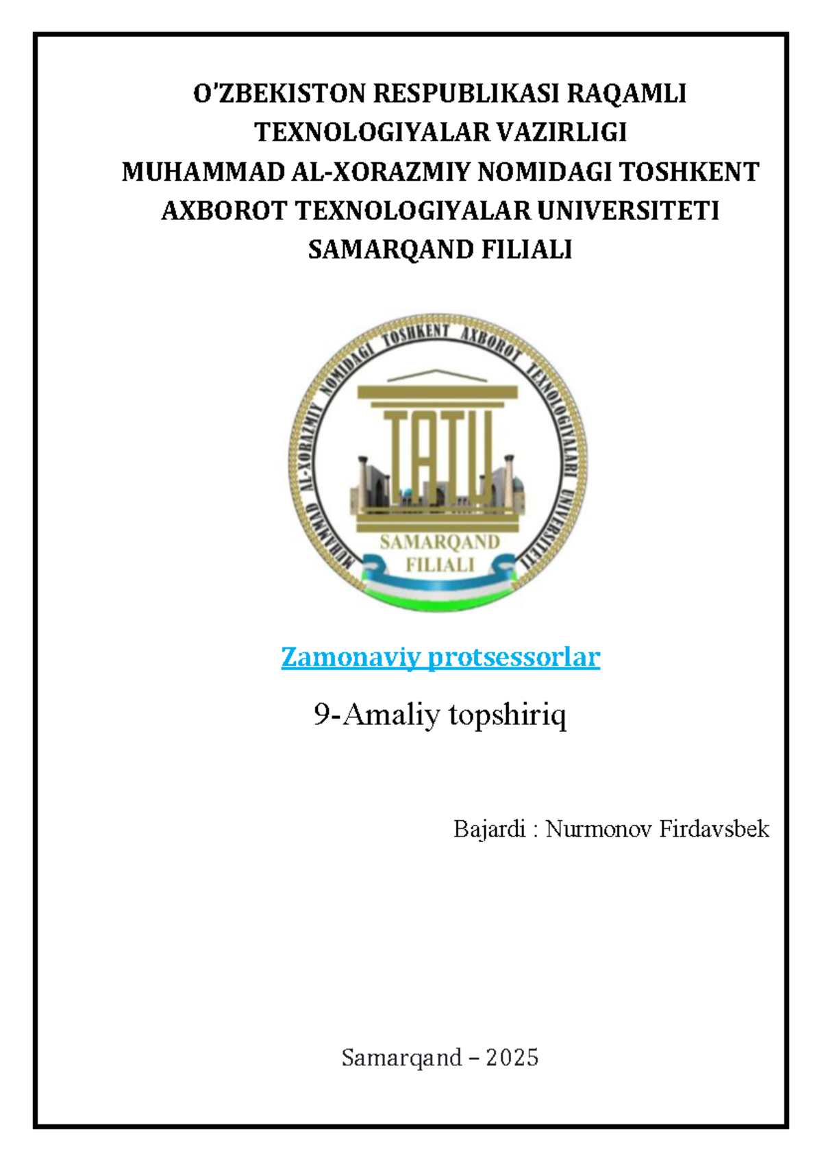 Zamonaviy Protsessorlar: 9-Amaliy Topshiriq (O'zbek) - Studocu