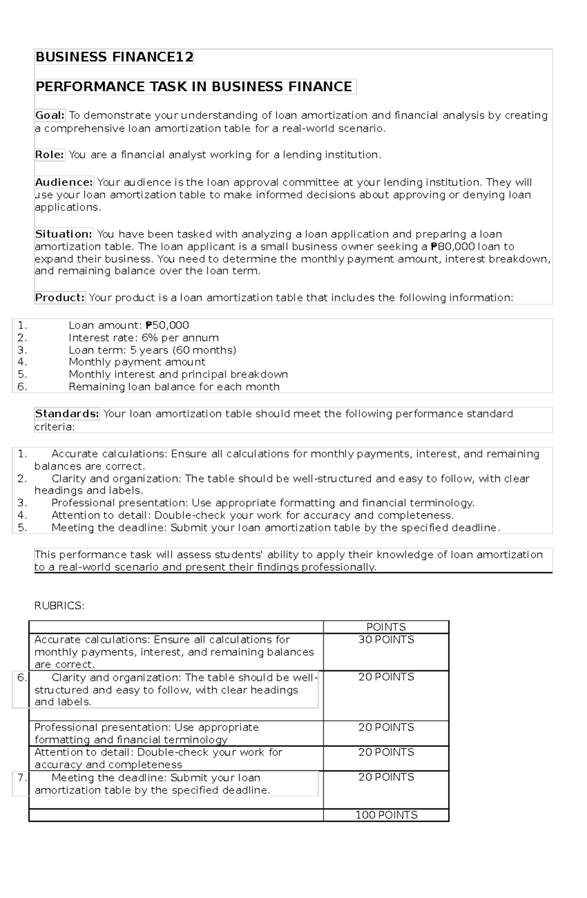 Performance Task: Loan Amortization Analysis in Business Finance - Studocu