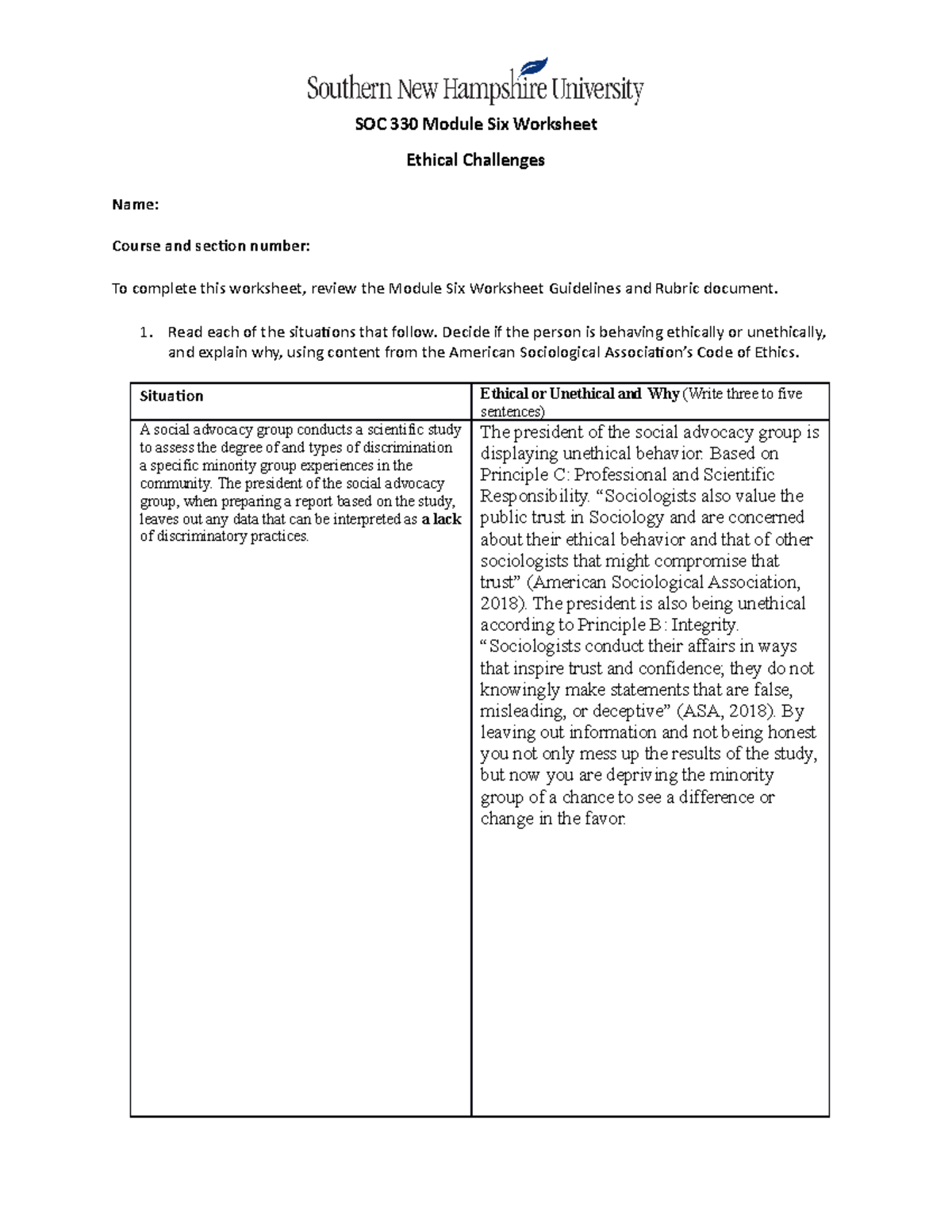 SOC 330 Module 6 Worksheet on Ethical Challenges in Advocacy Practices ...