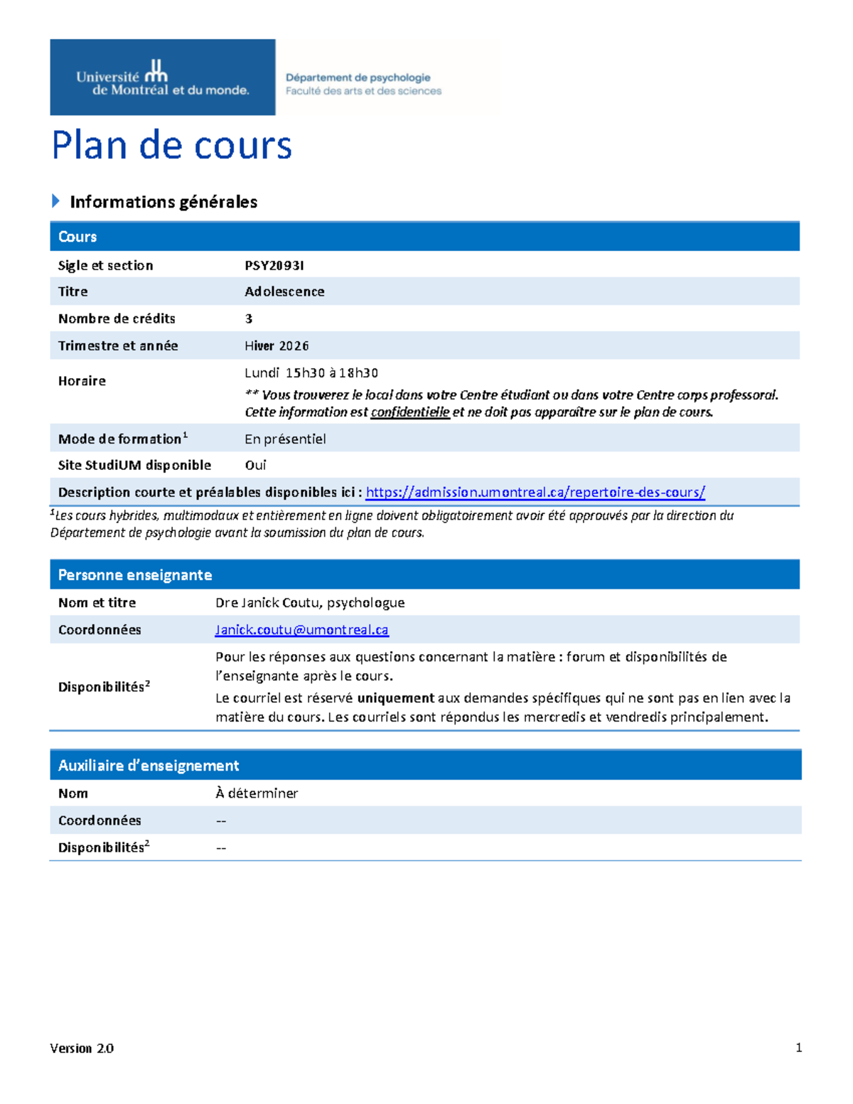Plan de cours PSY2093I : Adolescence - Hiver 2026 - Studocu