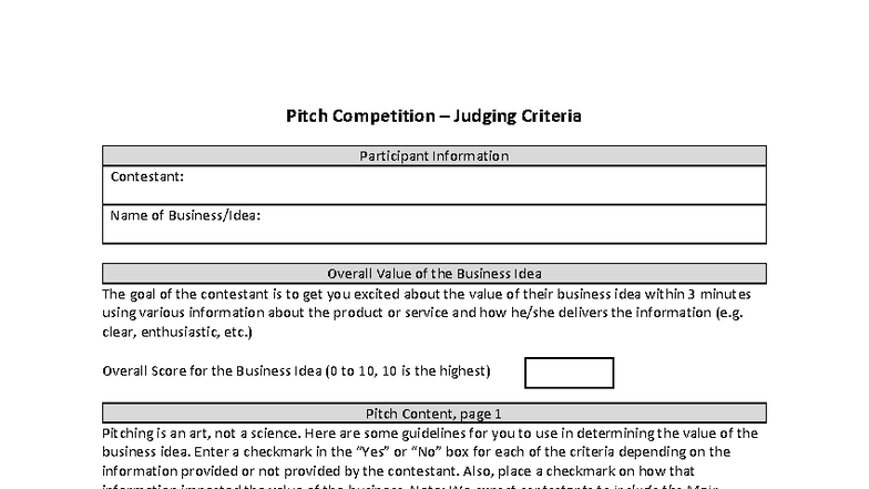 Pitch Competition Judging Criteria: Evaluating Business Ideas - Studocu