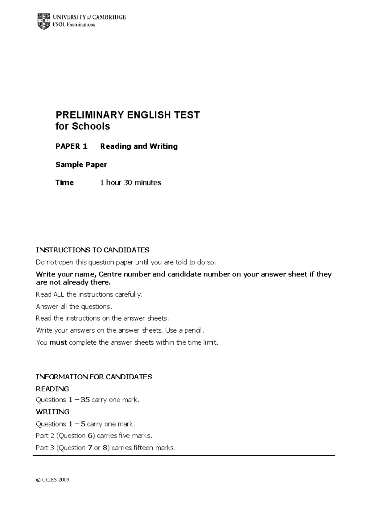PET ESL - Preliminary English Test Sample Paper 1 Reading & Writing ...