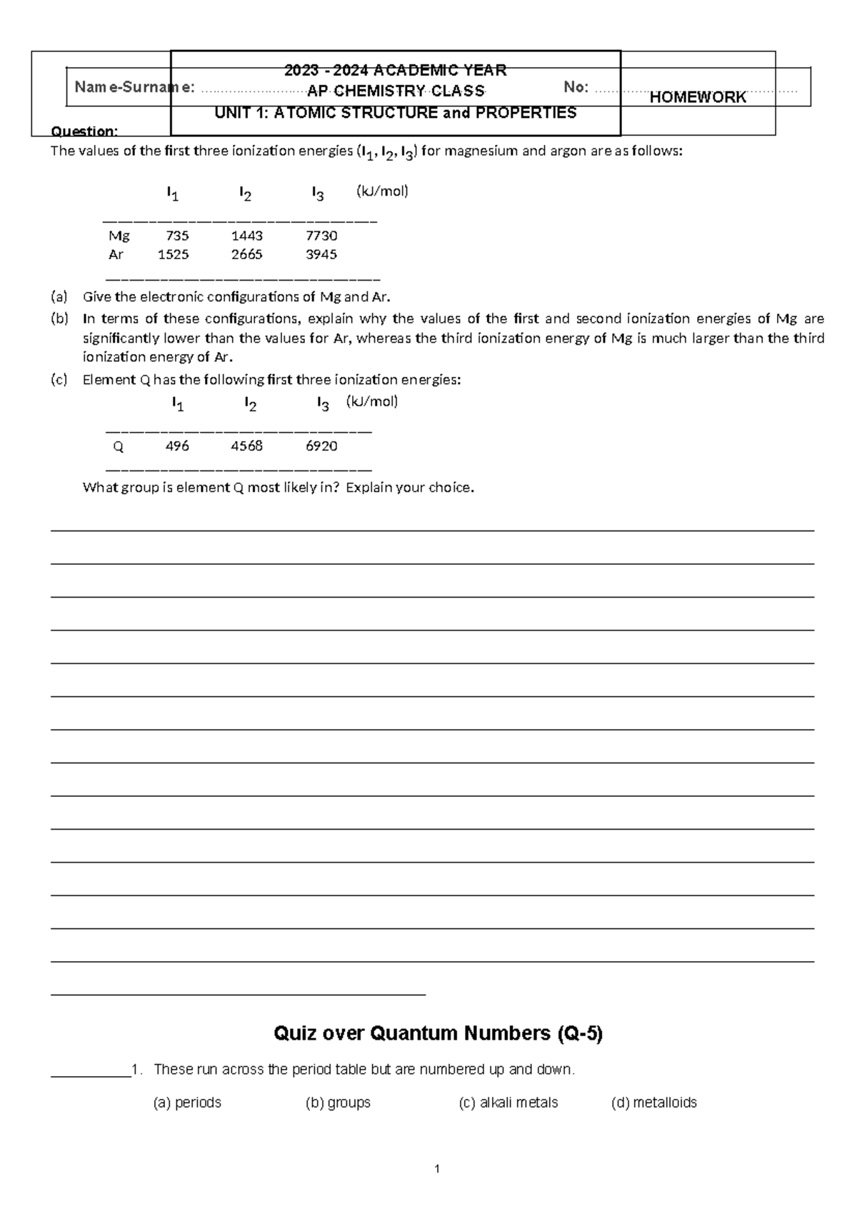 AP CHEMISTRY 2023-2024: UNIT 1 HOMEWORK ON ATOMIC STRUCTURE - Studocu