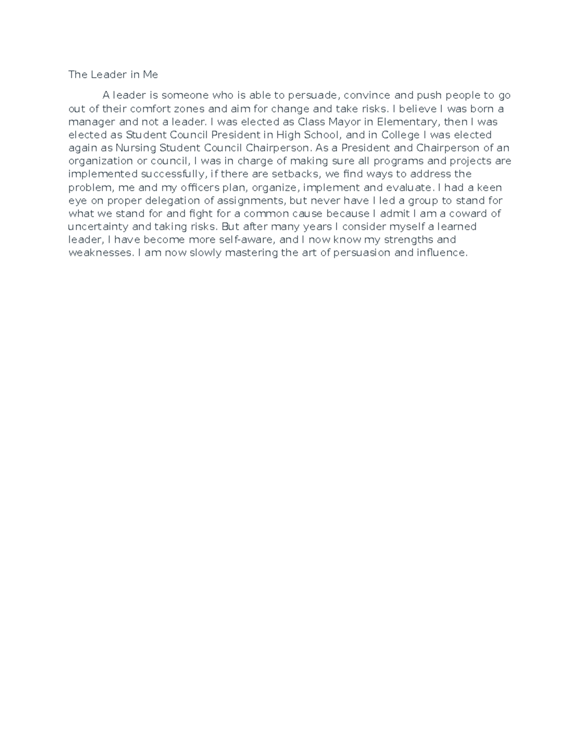 Nursing Leadership Reflection: The Leader in Me - Studocu