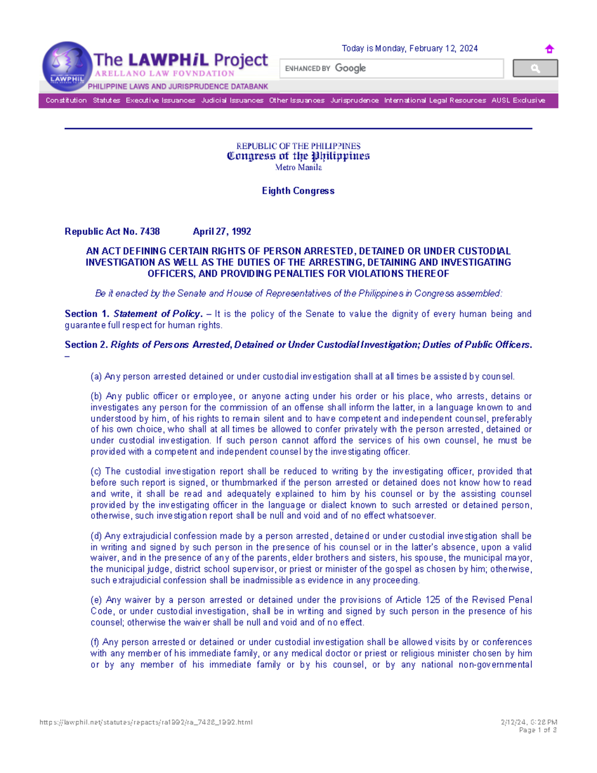 R.A. 7438 - RA. 7438 - Constitution Statutes Executive Issuances ...